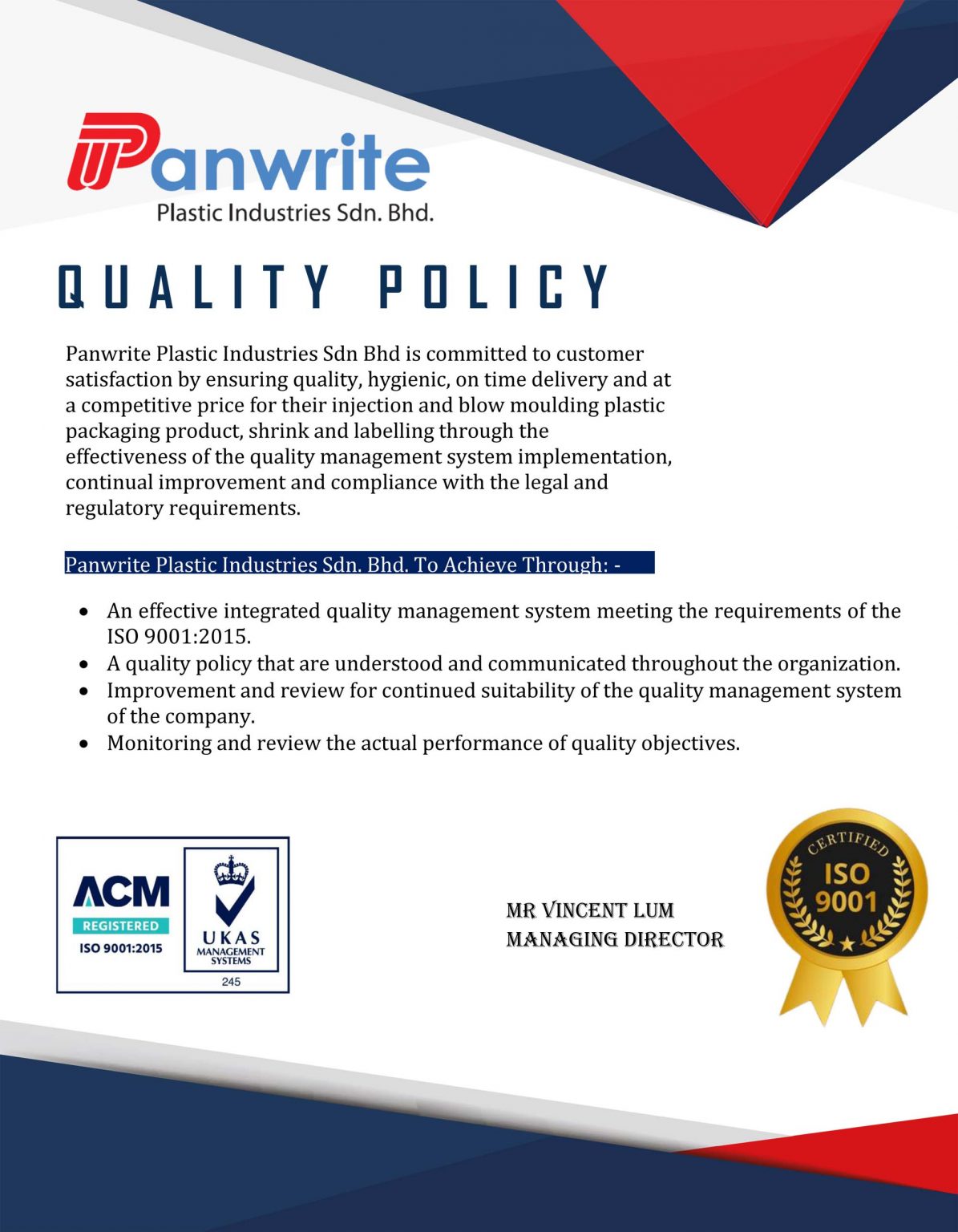 Quality Policy - Panwrite Plastic Industries